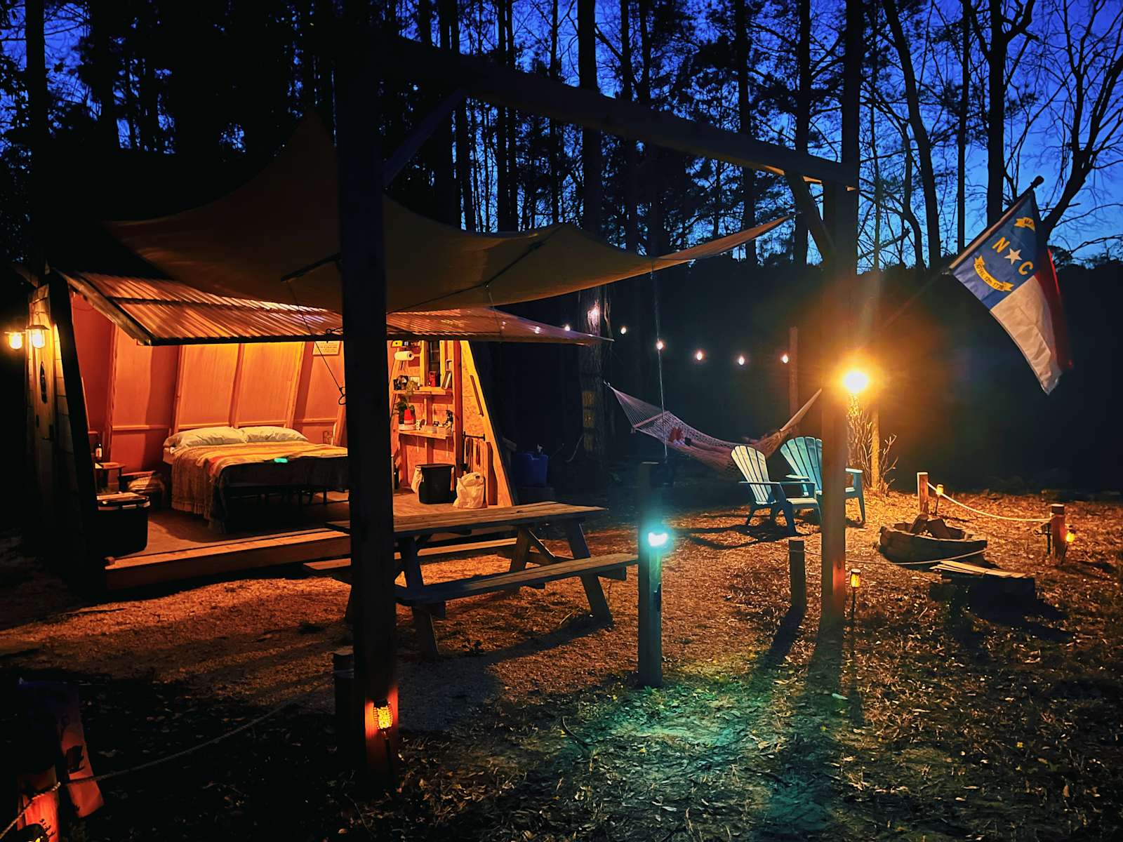 A-Frame glamping w/opening wall - Hipcamp in Atkinson, North Carolina